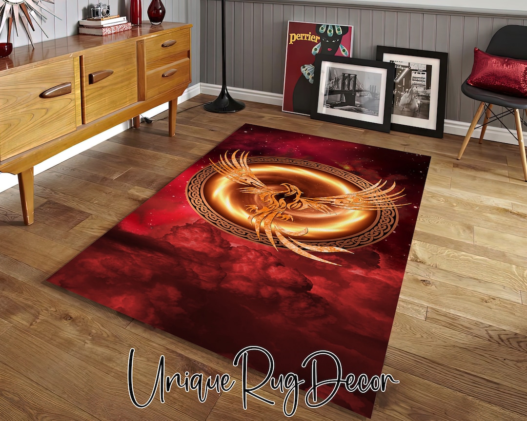 Phoenix and Fire Themed Fantastic Red and Gold Color Area Rug ...