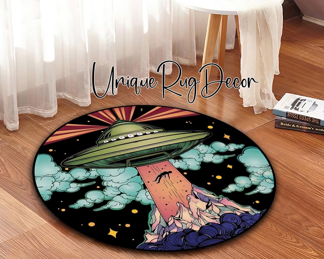 UFO Kidnapping Human Themed Space Rug, Non-slip Round Mat for Teenage ...
