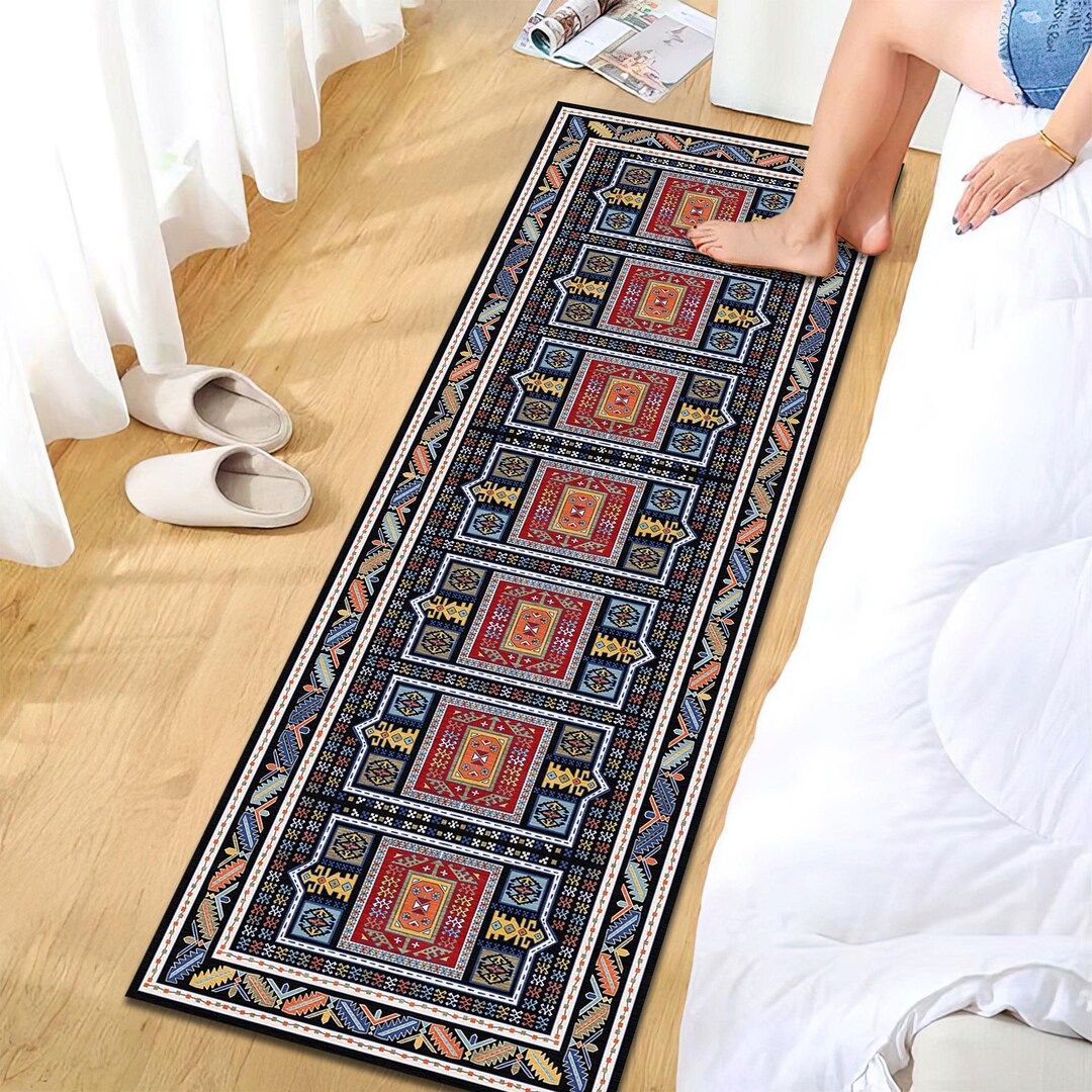 Ancient Motif Pattern Runner Rug Black Ethnic Hall Carpet - Etsy