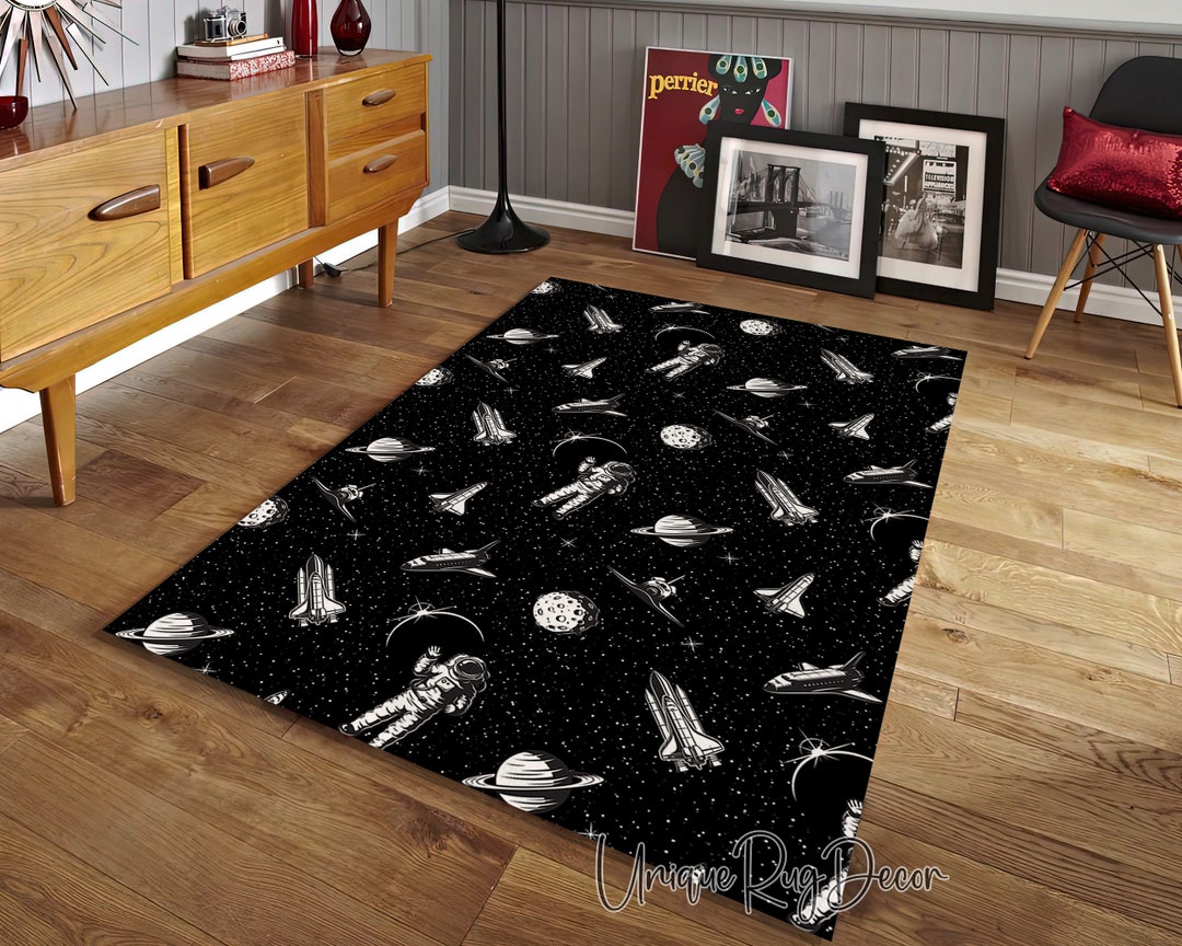 Black Space Rug, Galaxy Carpet, Astronaut Printed Mat, Moon Themed Rug ...