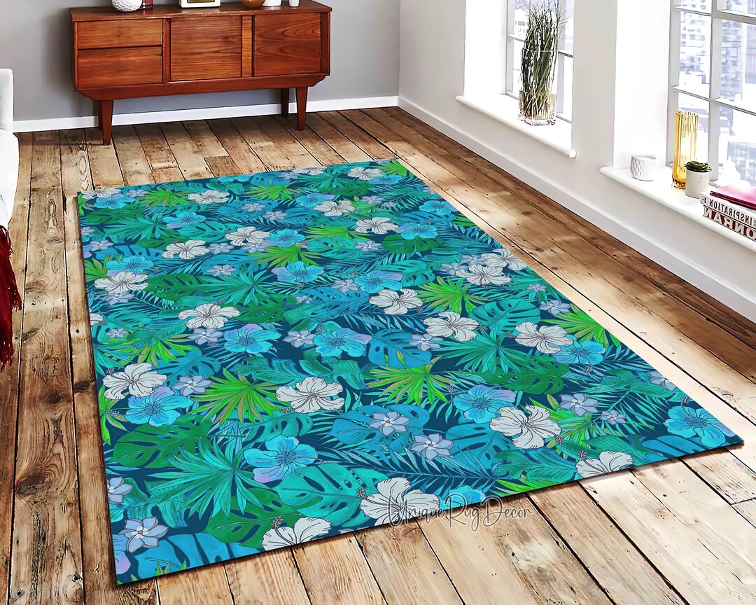 Tropical Fury Rug, Blue Flower Carpet, Floral Mat, Living Room Decor ...