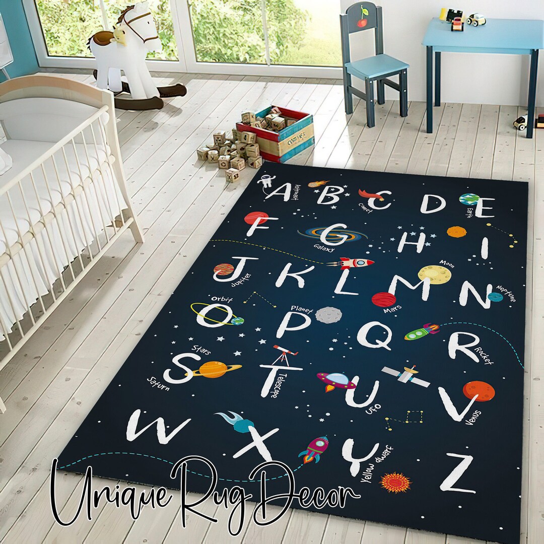 Navy Blue Color Space Themed ABC Rug, Alphabet Carpet, Preschool ...