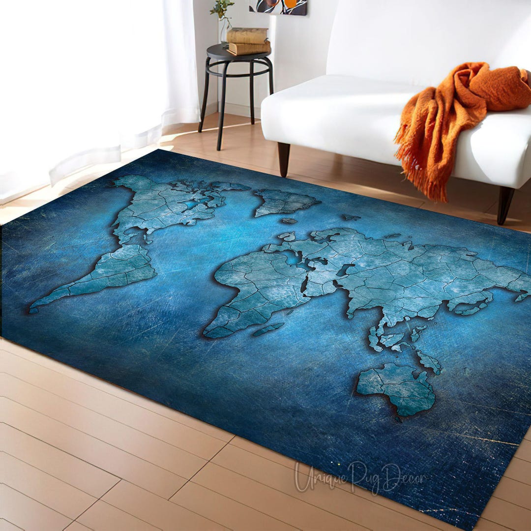 Blue World Map Rug: 3D Earth Mat, Office Decor - Etsy