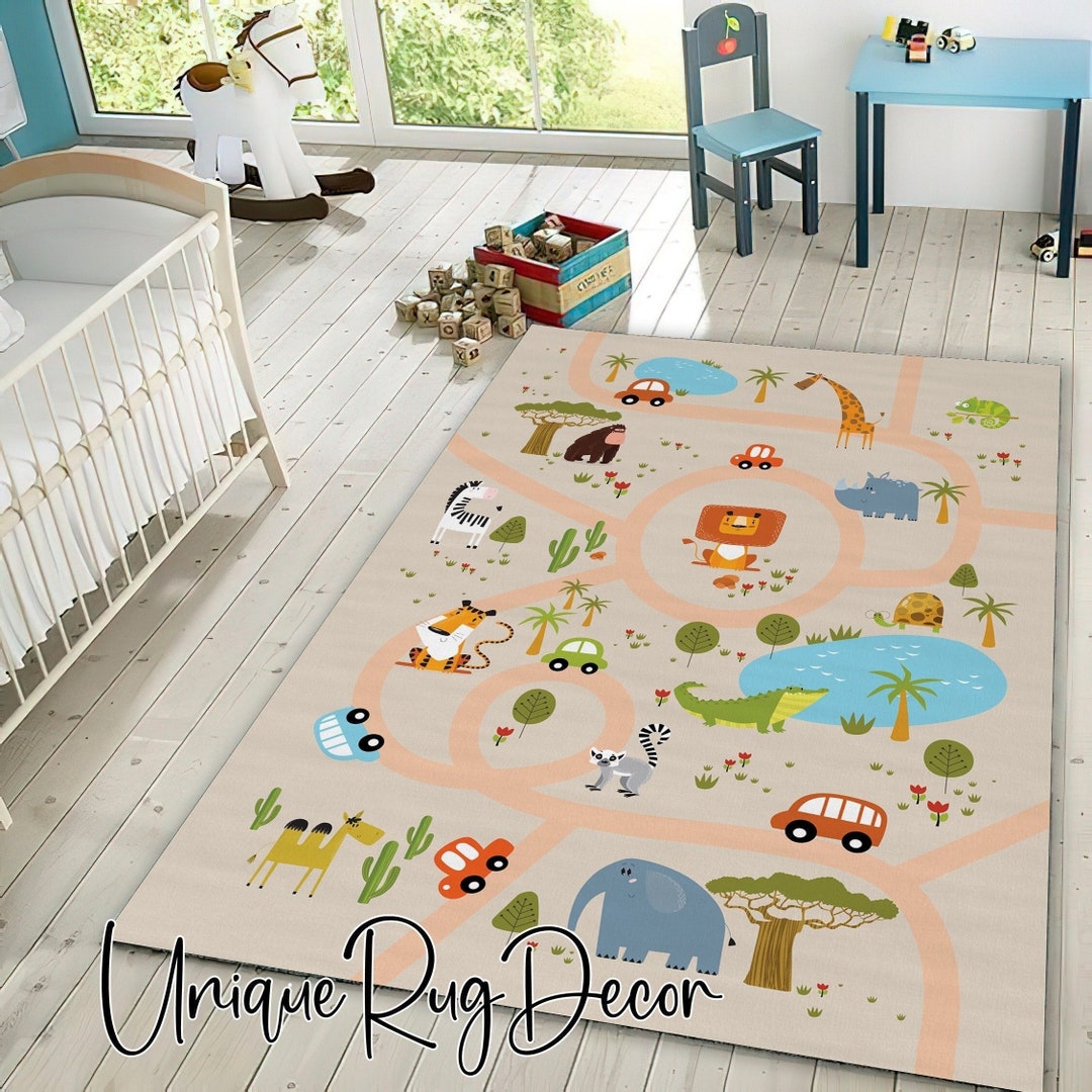 Animal Safari City Road Map Rug, Baby Animal Printed Children Room ...