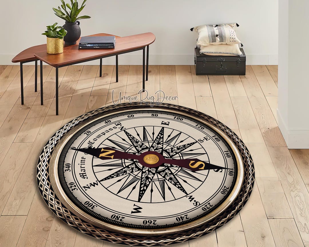 Nautical Compass Rug, Yacht Round Mat, Marine Carpet, Office Decor ...