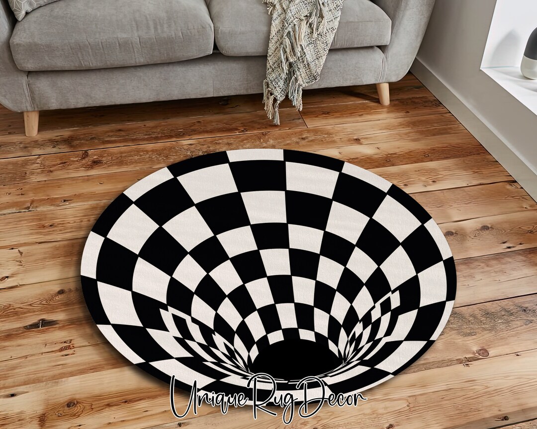 3D Vortex Swirl Rug, Optical Illusion Decor, Checkered Round Mat ...