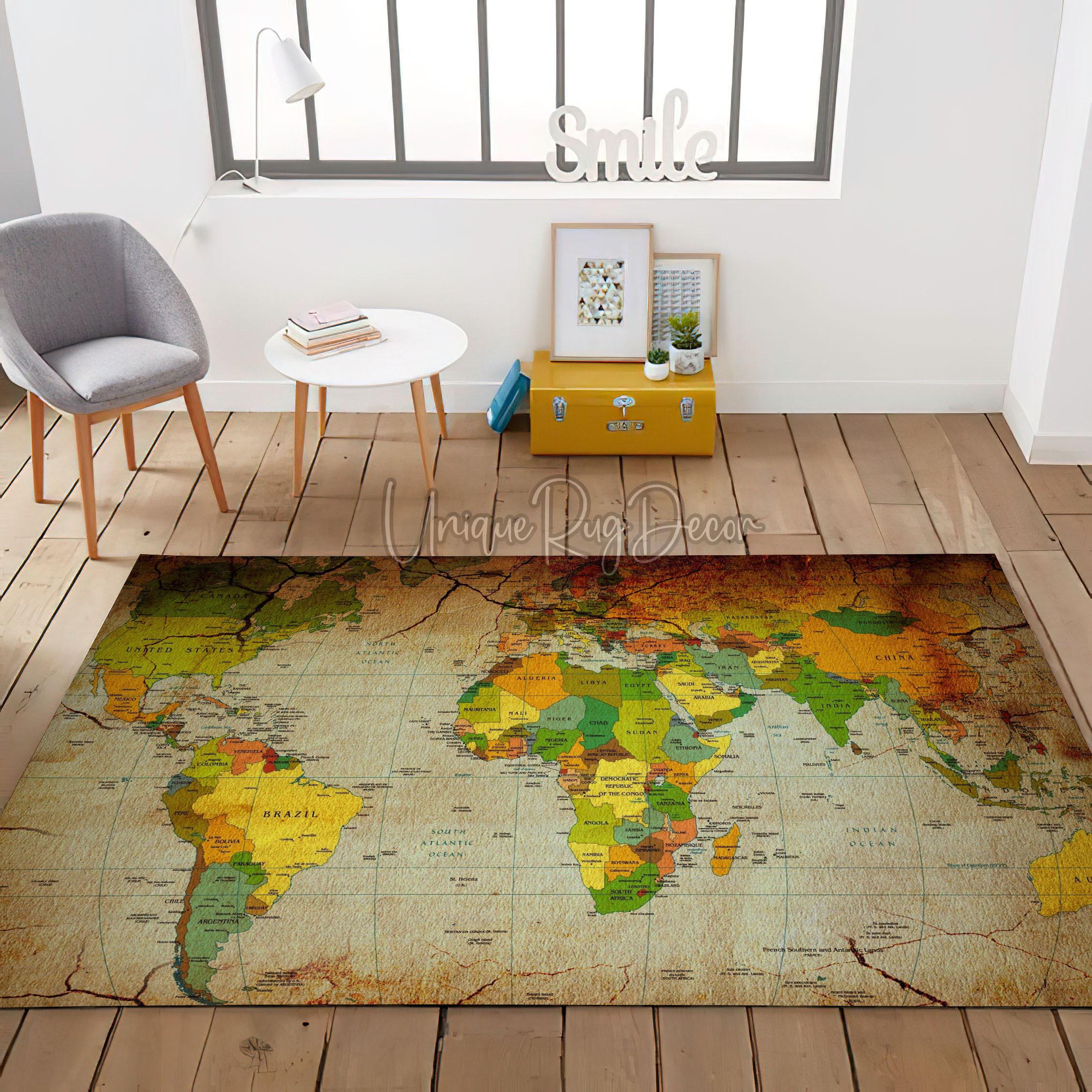 Retro World Map Rug: 3D Earth Carpet, Office Decor - Etsy