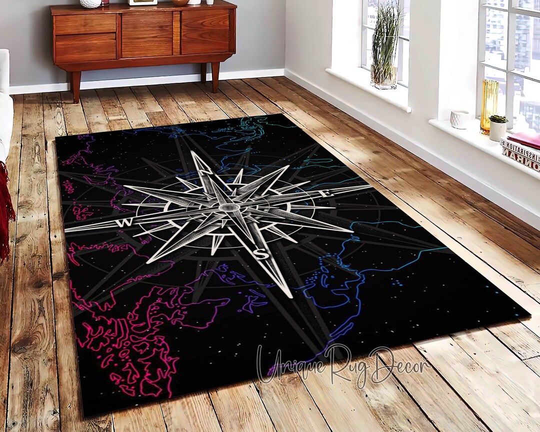 Medallion Compass Rug, Black Compass Carpet, Retro Yacht Mat, Summer ...