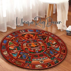 Colorful Tribal Mayan Calendar Retro Round Rug, Mayan Compass Medallion ...