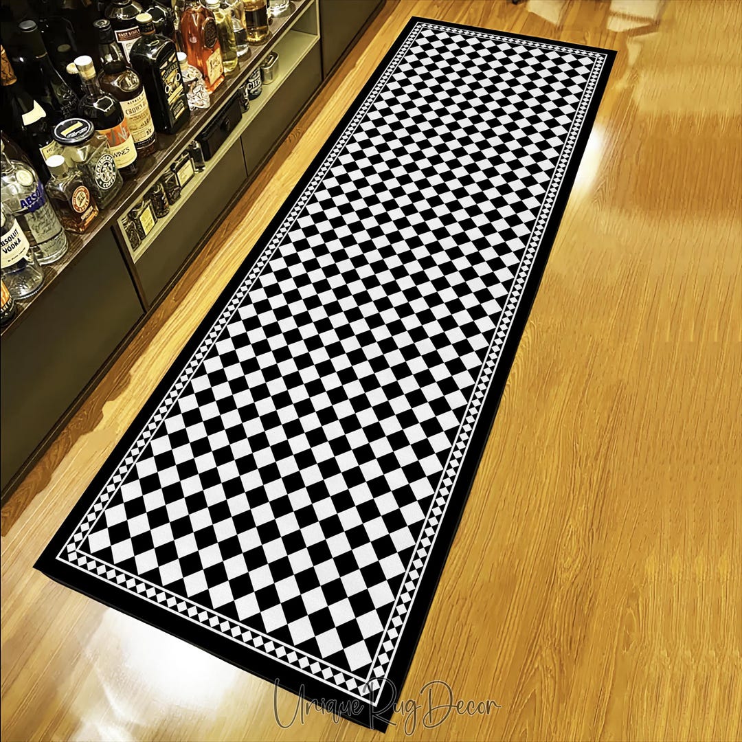 Checkered Runner Rug, Black and White Diamond Carpet, Modern Kitchen ...