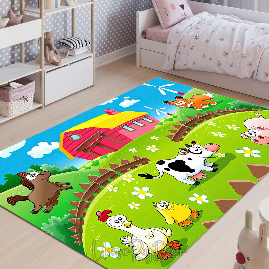 Farm Animals Rug, Colorful Kids Carpet, Baby Room Rug, Nursery Play Mat ...