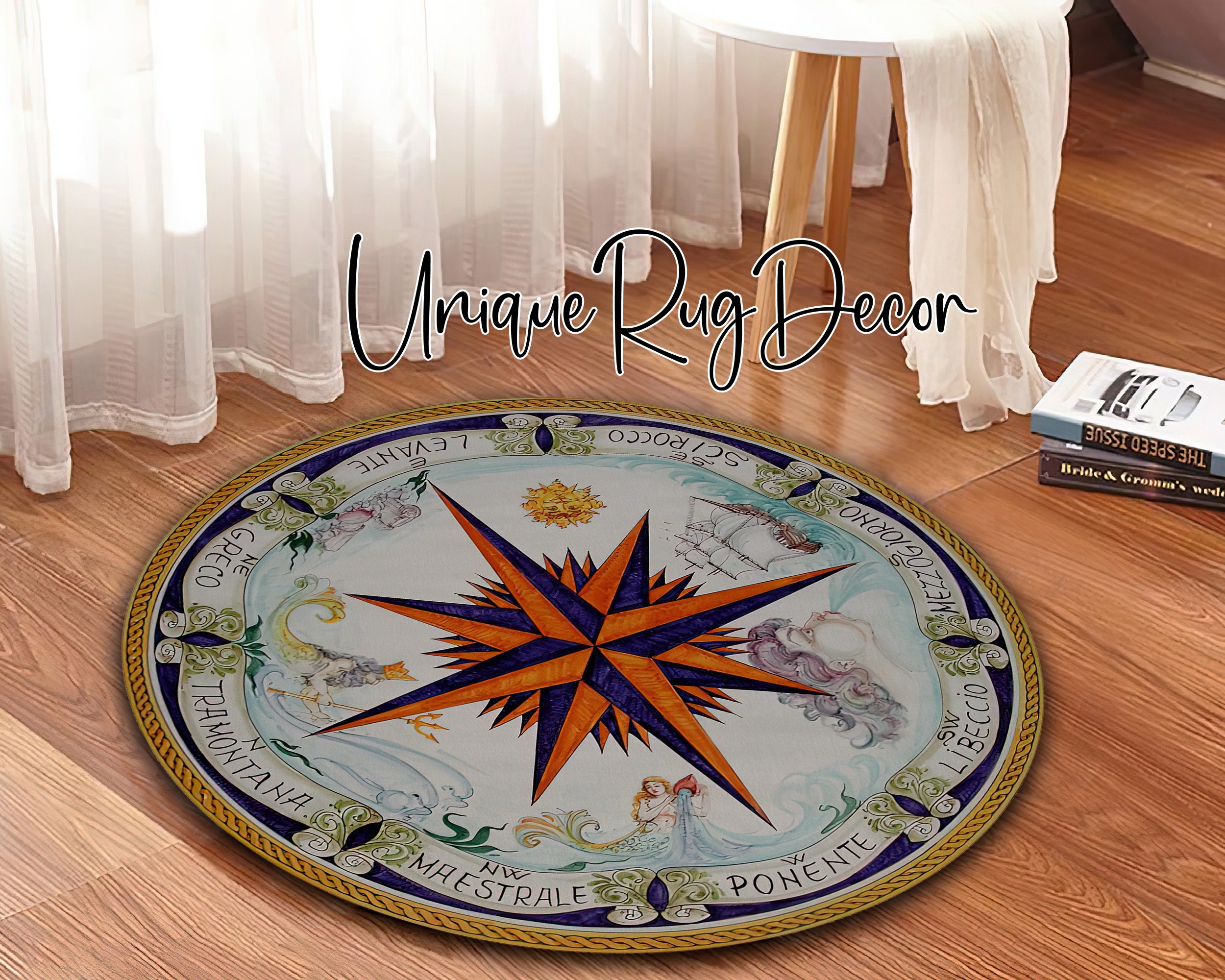 Ancient Compass Rose Printed Round Non-slip Yacht Rug Ocean - Etsy