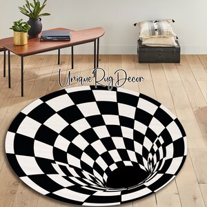3D Vortex Swirl Rug, Optical Illusion Decor, Checkered Round Mat ...