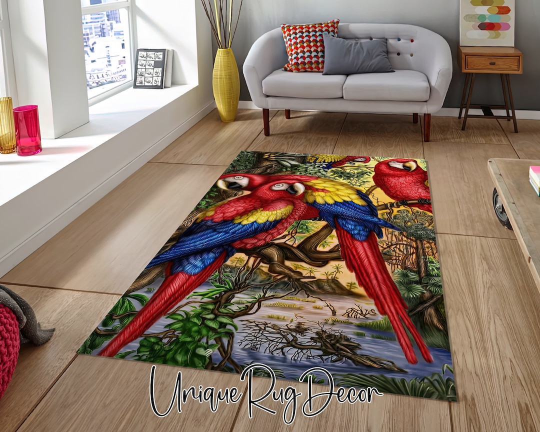 Colorful Parrot Rug, Tropical Leaf Parrot Carpet, Hawaiian Mat, Coastal ...