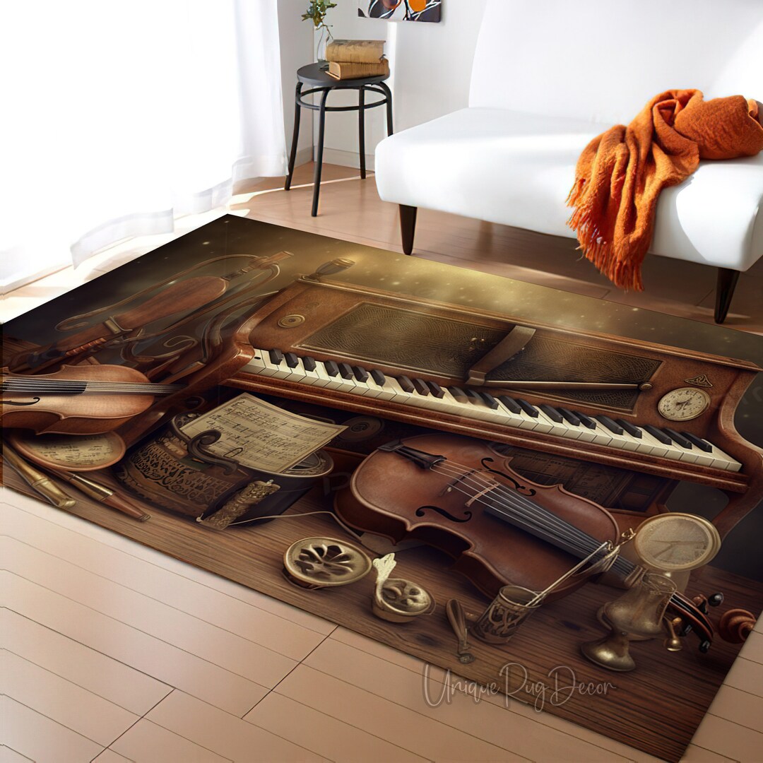 Music Instruments Rug, Musical Art Carpet, Retro Style Music Mat ...