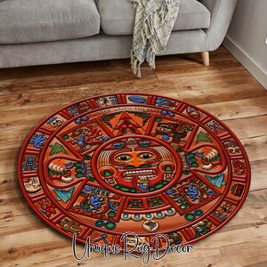 Colorful Tribal Mayan Calendar Retro Round Rug, Mayan Compass Medallion ...