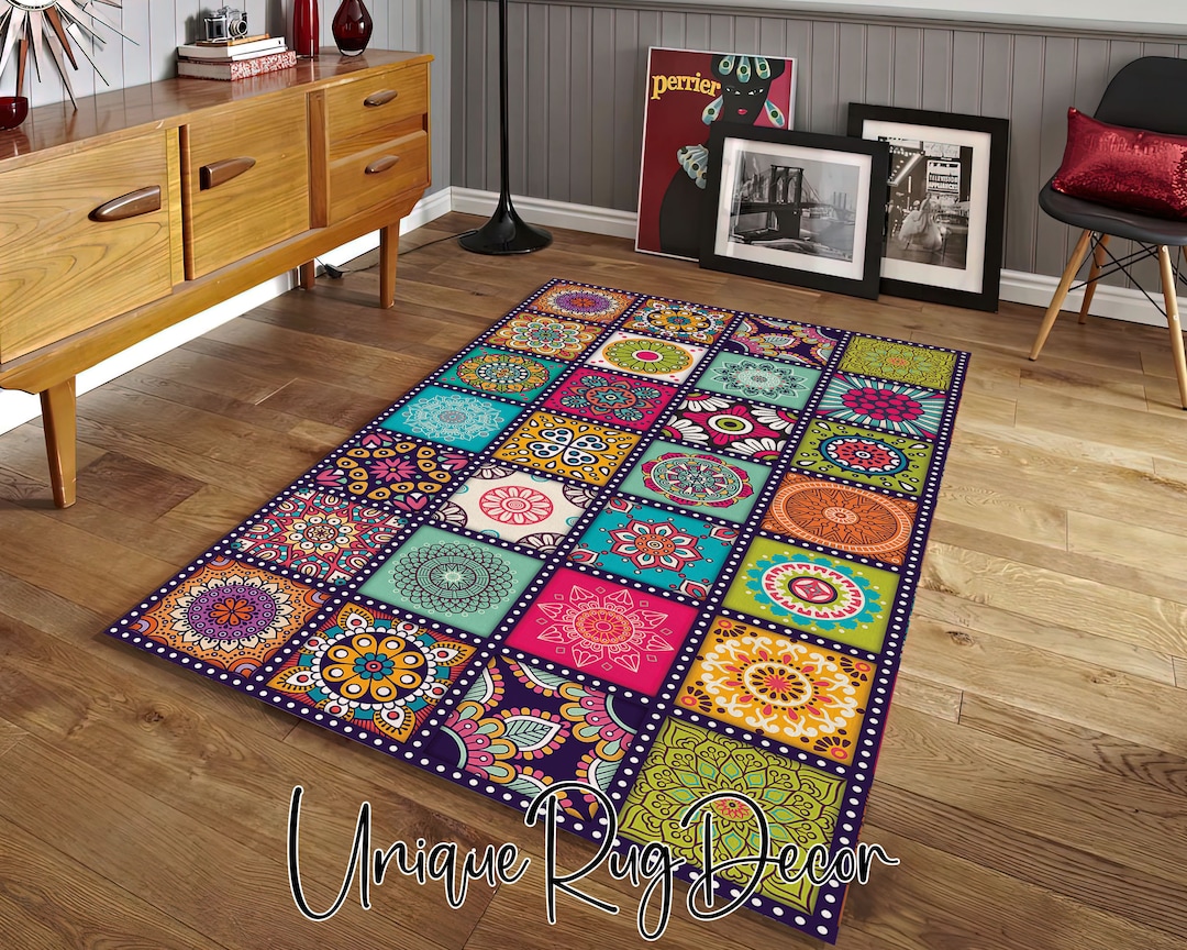 Mandala Themed Patchwork Style Nonslip Area Rug, Living Room Carpet ...