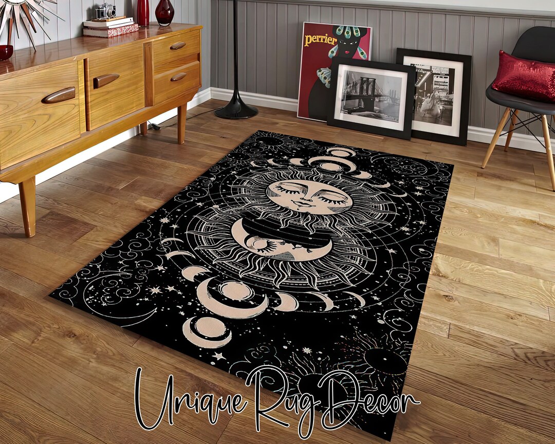 Sun and Moon Rug, Black Color Carpet, Crescent Pattern Rug, Astrology ...