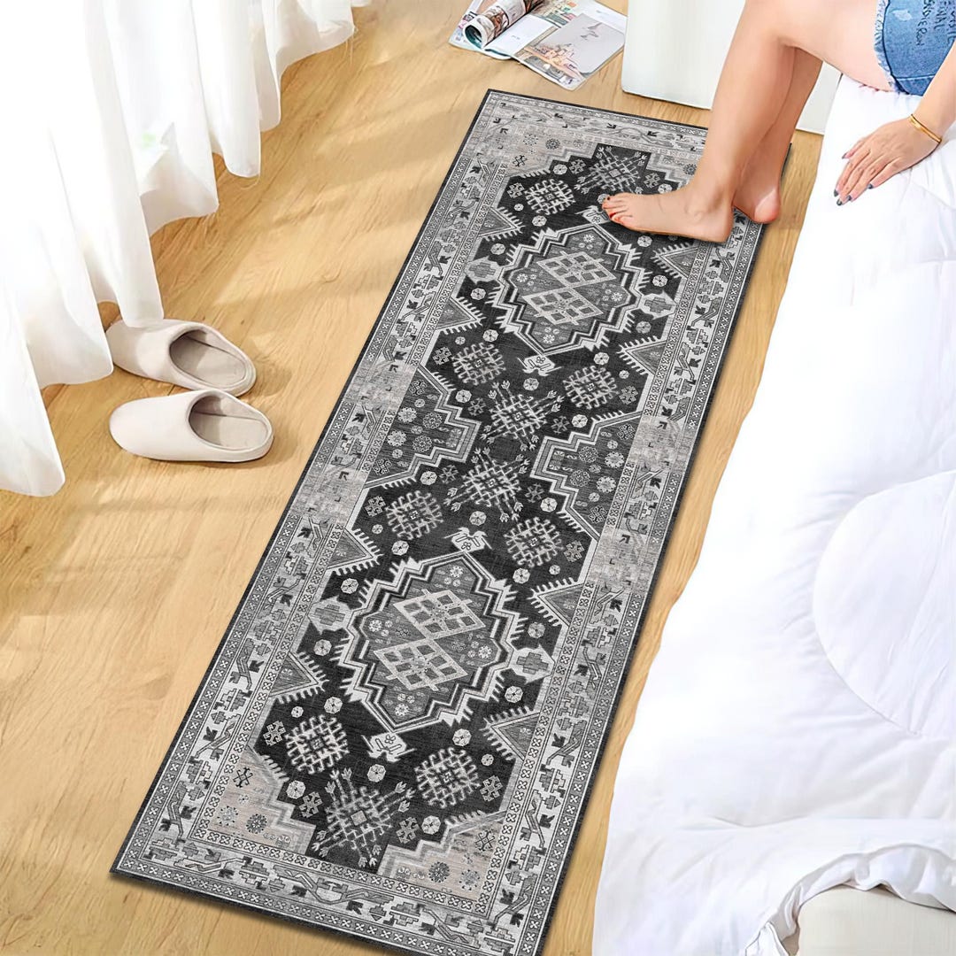 Retro Style Black Boho Runner Rug Geometric Pattern Hallway Carpet - Etsy