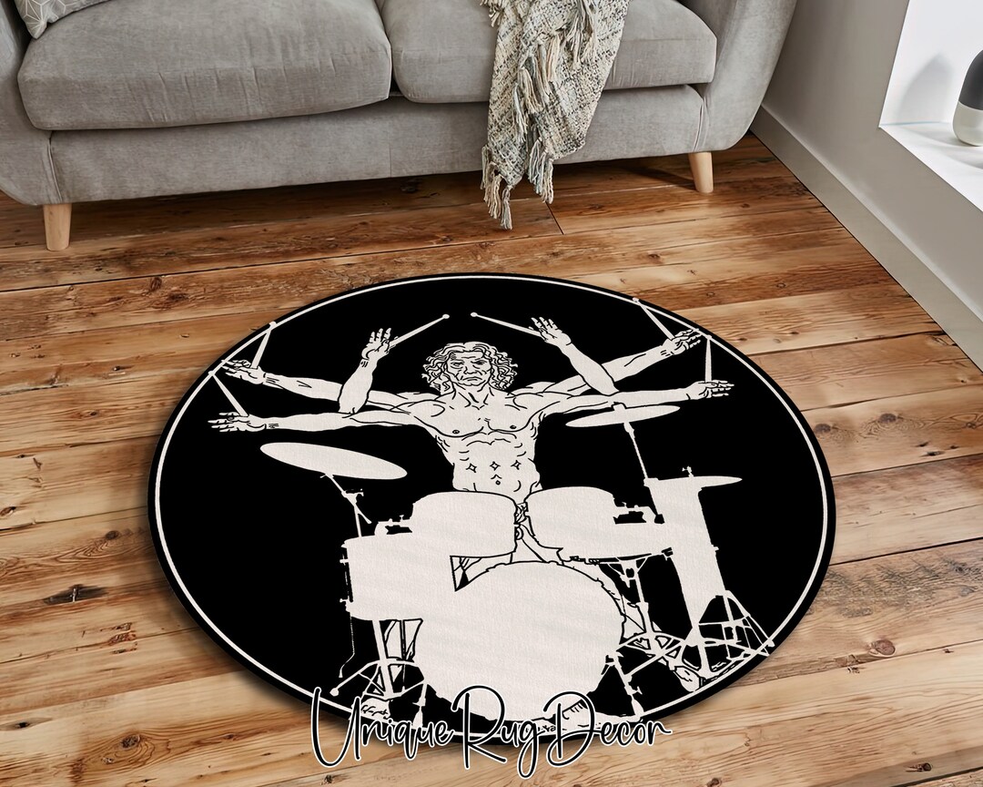 Black Stage Drummer Rug, Da Vinci Art Patterned Music Room Carpet ...