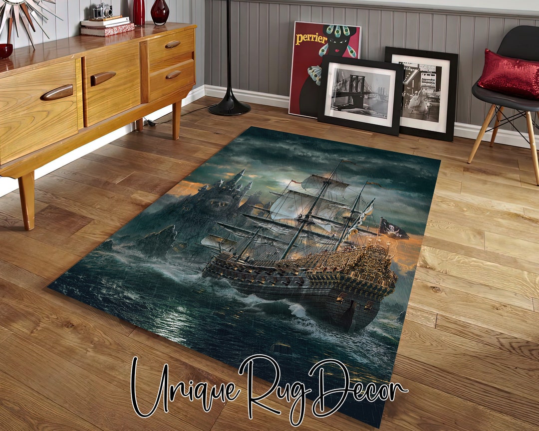 Pirate Ship Rug, Ocean Storm Decor, Horror Skull Island Carpet, Sailing ...