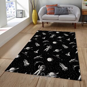 Black Space Rug, Galaxy Carpet, Astronaut Printed Mat, Moon Themed Rug ...