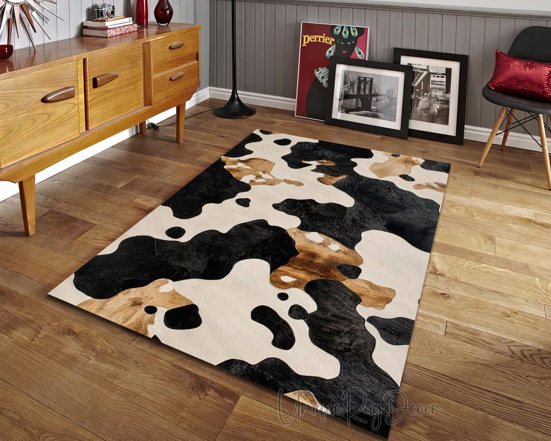 Cowhide Rug: Black White Cow Print Area Carpet Western Farmhouse Living ...