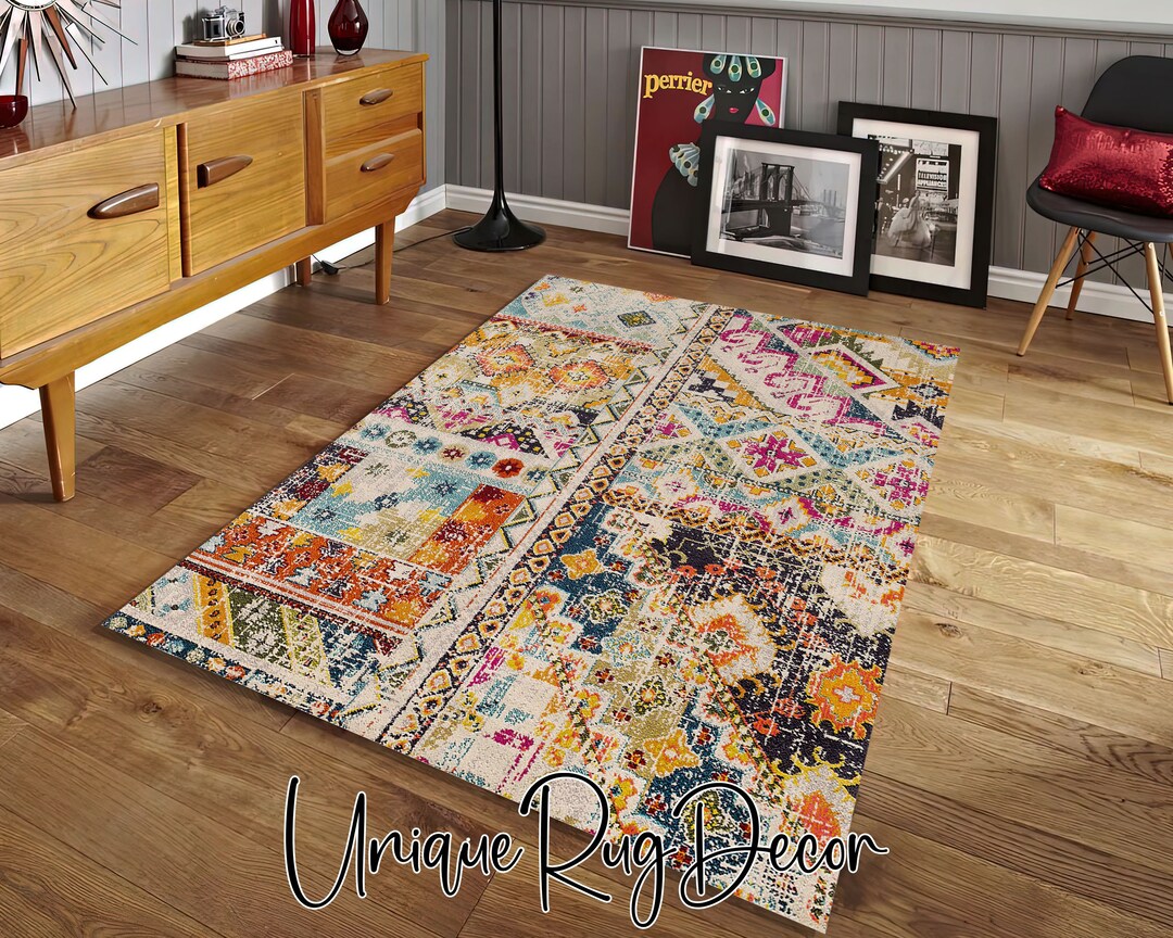 Colorful Bohemian Style Nonslip Living Room Carpet, Abstract Patchwork ...