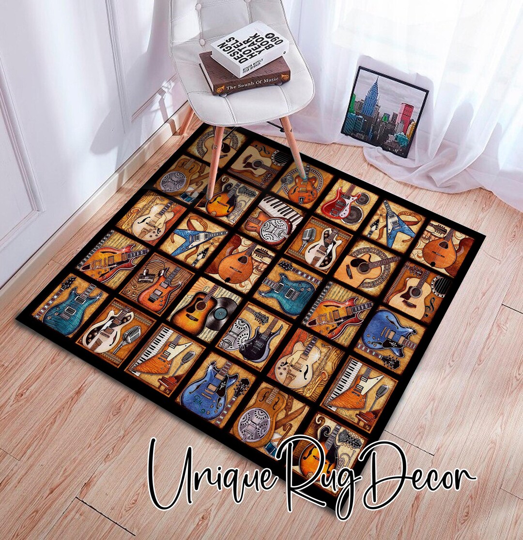 90s Classic Instruments Retro Electric Guitar Collage Music Room Rug ...