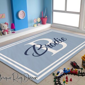 Custom Monogram Nursery Blue Rug, Personalized Baby Boy Room Carpet ...