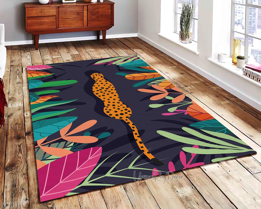 Cheetah Themed Rug, Leaf Model Carpet, Tropical Home Decor, Modern Mat ...