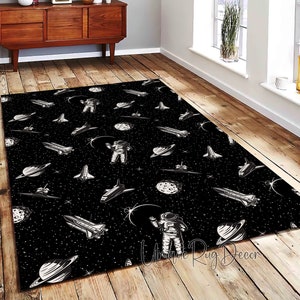 Black Space Rug, Galaxy Carpet, Astronaut Printed Mat, Moon Themed Rug ...
