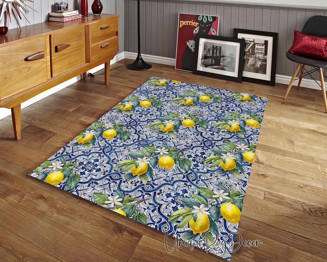 Lemon Kitchen Rug: Blue Printed Carpet, Modern Fruit Decor - Etsy
