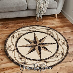 Mosaic Marble Looking Compass Rose Round Rug for Living Room, Kitchen ...