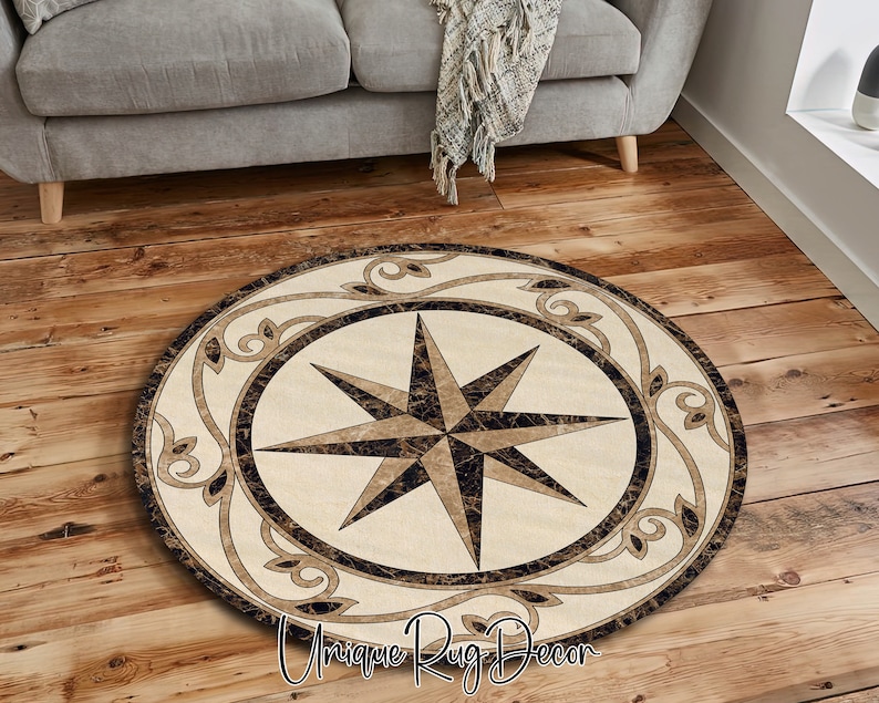 Mosaic Marble Looking Compass Rose Round Rug for Living Room - Etsy