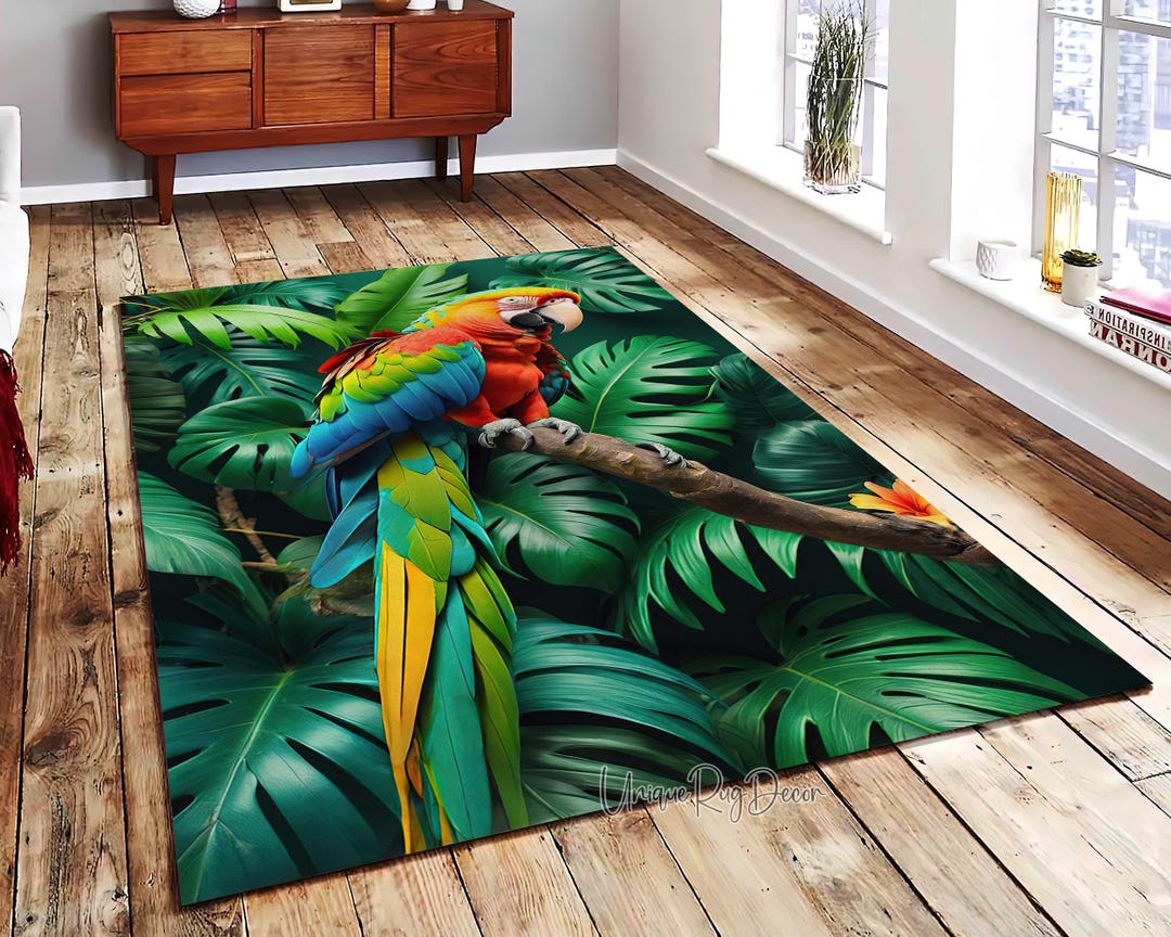 Tropical Rug, Palm Leaves, Parrot Carpet, Green Colorful Vibrant Mat ...
