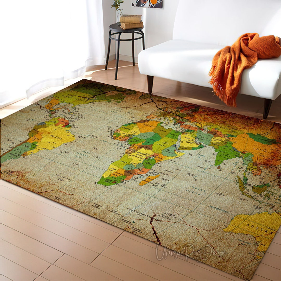 Retro World Map Rug, 3D Map Carpet, Office Decor, Earth Mat, Living ...