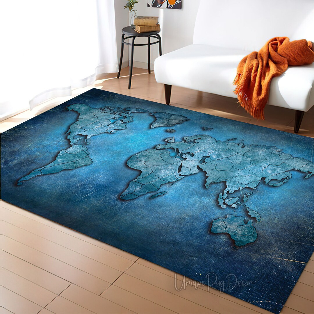 Blue World Map Rug, Office Carpet, Earth Map Mat, 3D Map Decor, Office ...