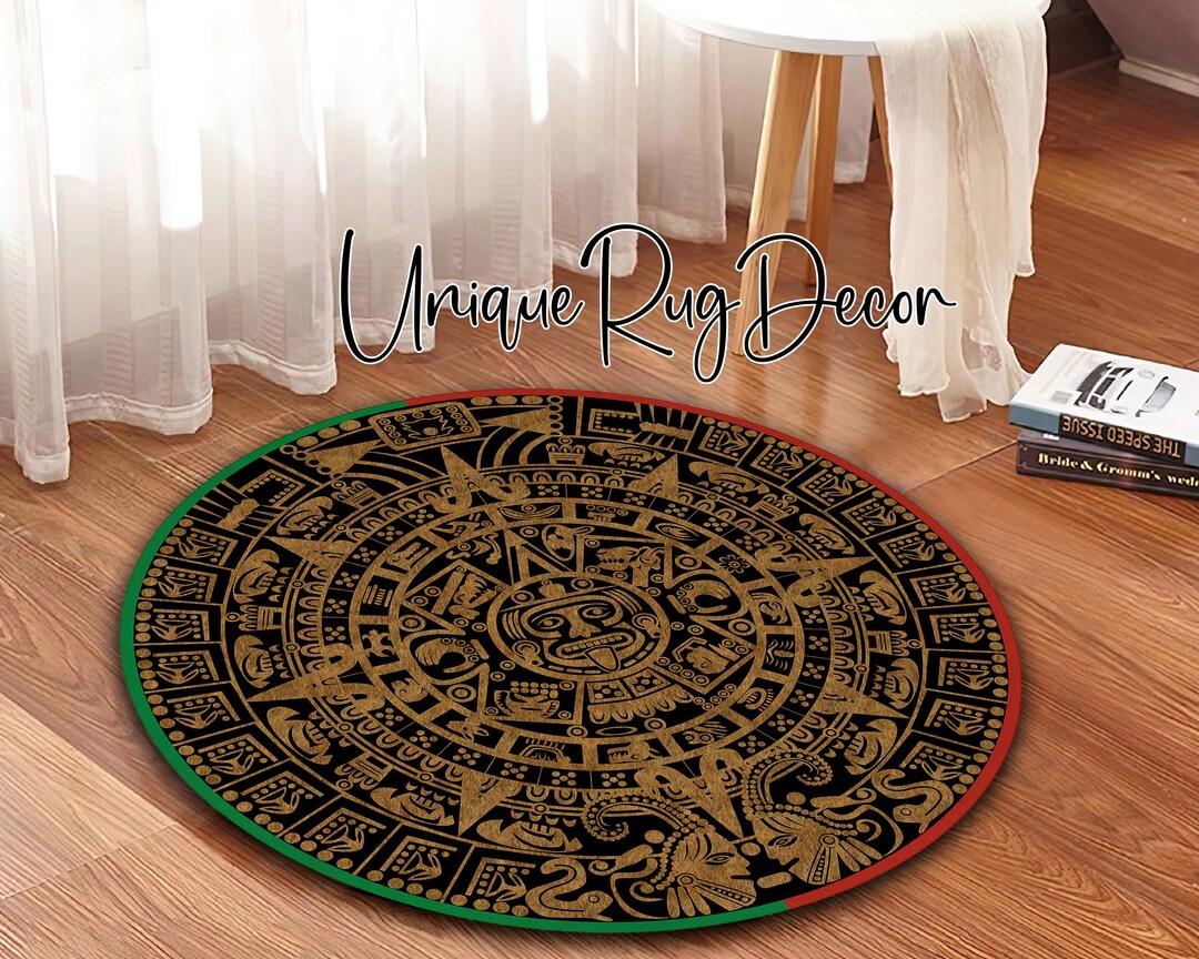 Mayan Calendar Ethnic Office Rug, Retro Round Tribal Carpet, Non-slip ...
