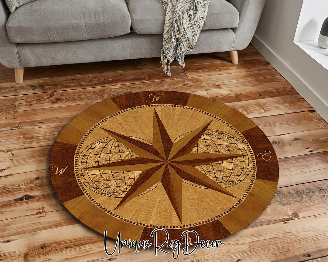 Compass Rose Rug, Compass Medallion Carpet, Wooden Looking Non-slip ...