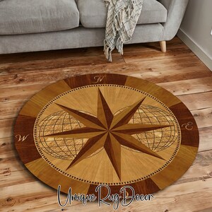 Compass Rose Rug, Compass Medallion Carpet, Wooden Looking Non-slip ...