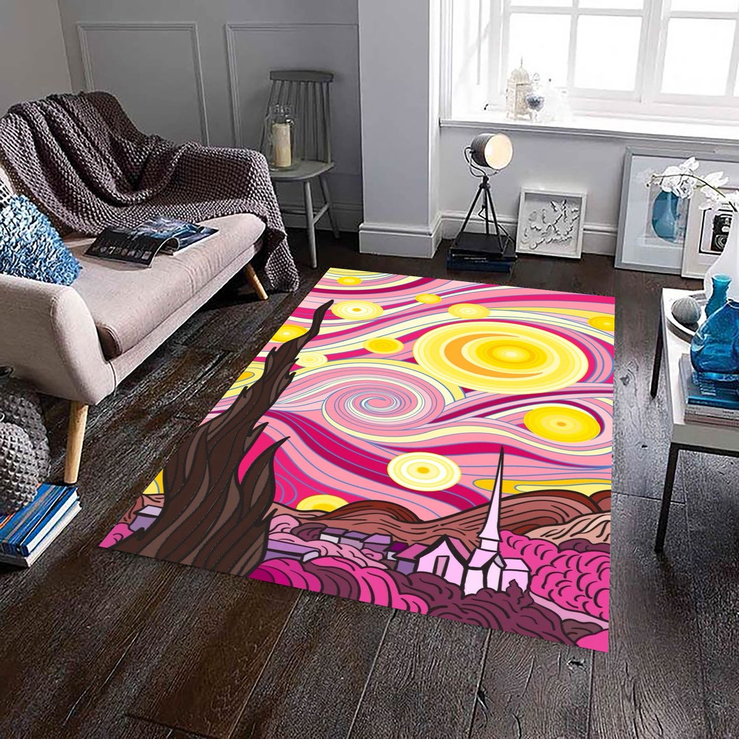 Pink Vincent Van Gogh Rug, A Night With Stars, Design Rug, Famous Rug ...