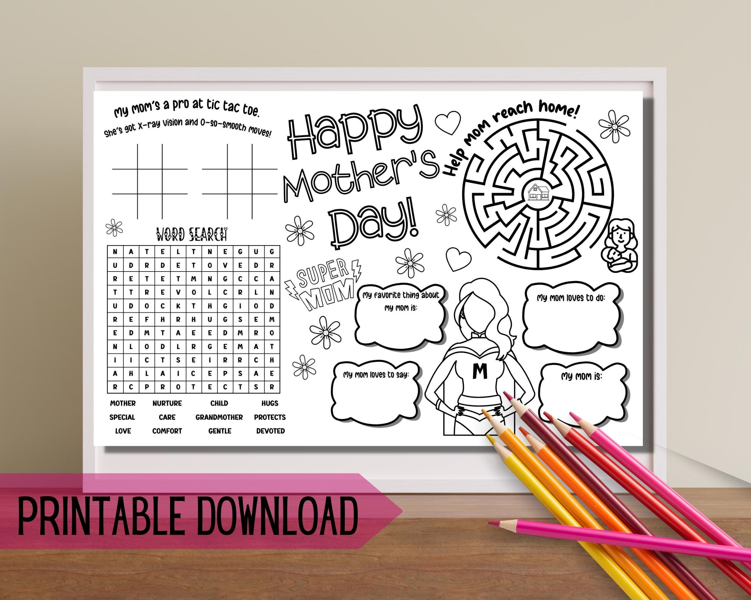 Mothers Day Activity Placemat Printable for Kids, Mothering Sunday ...
