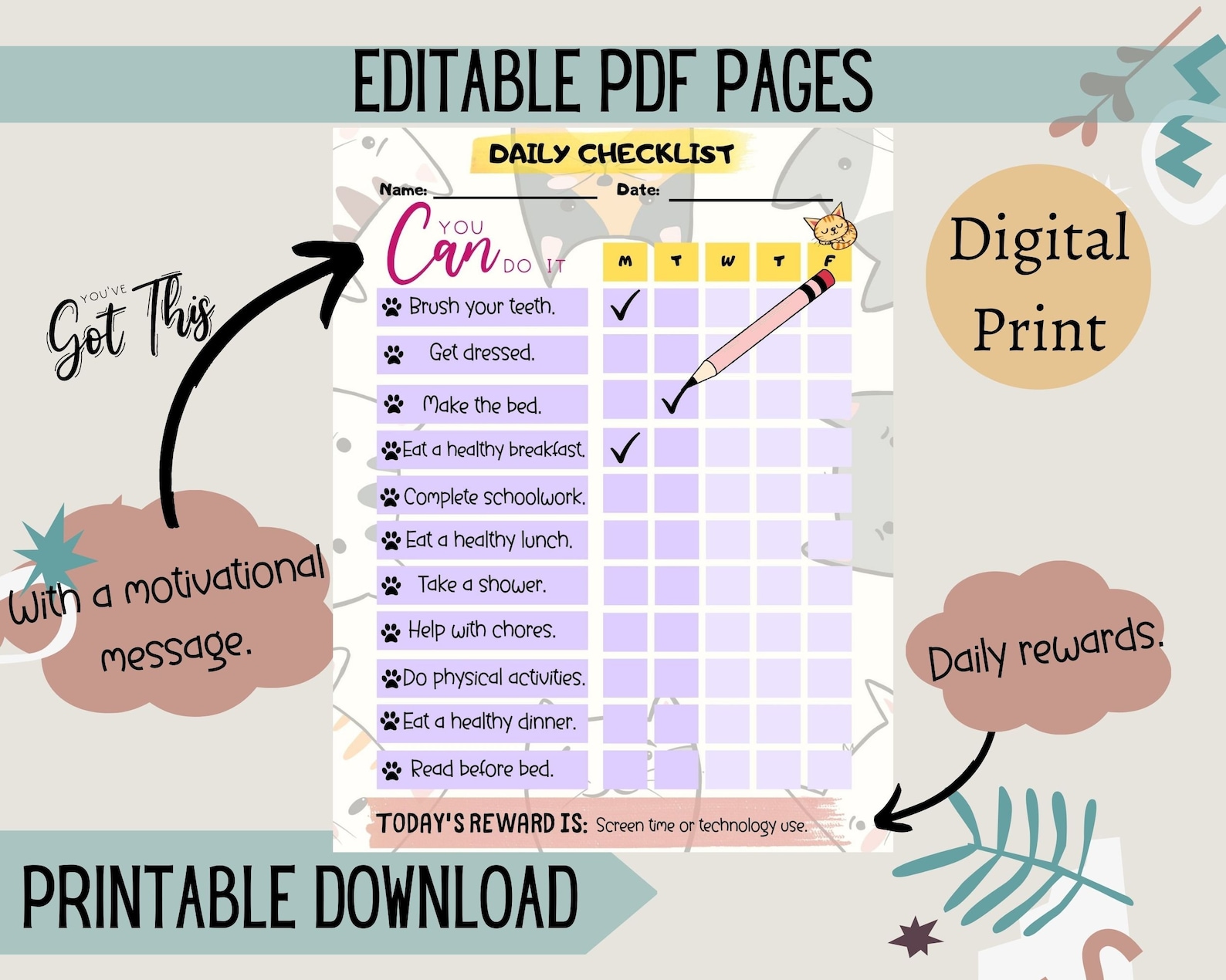 Daily Checklist Printable for Kids, Personalized Chore Chart Printable ...