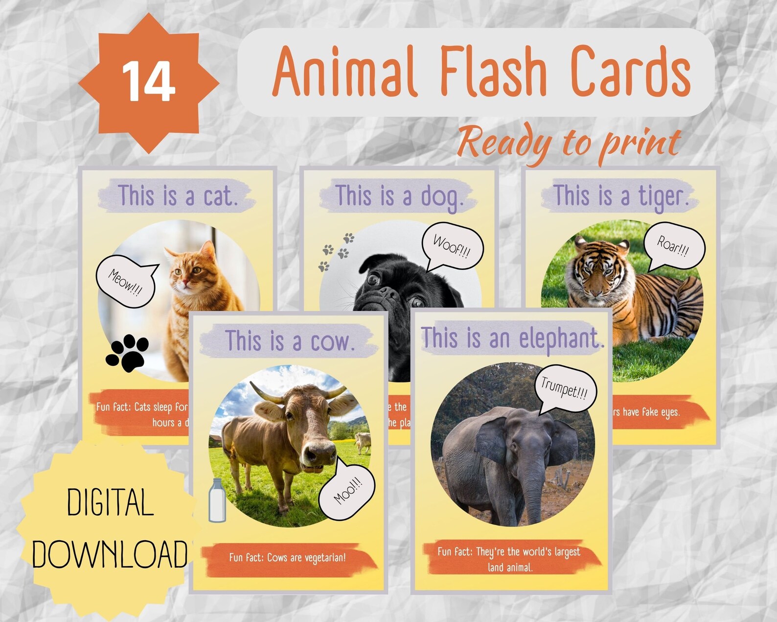 Animal Flashcards for Kids, Animals Digital Download Set of 14, Animal ...