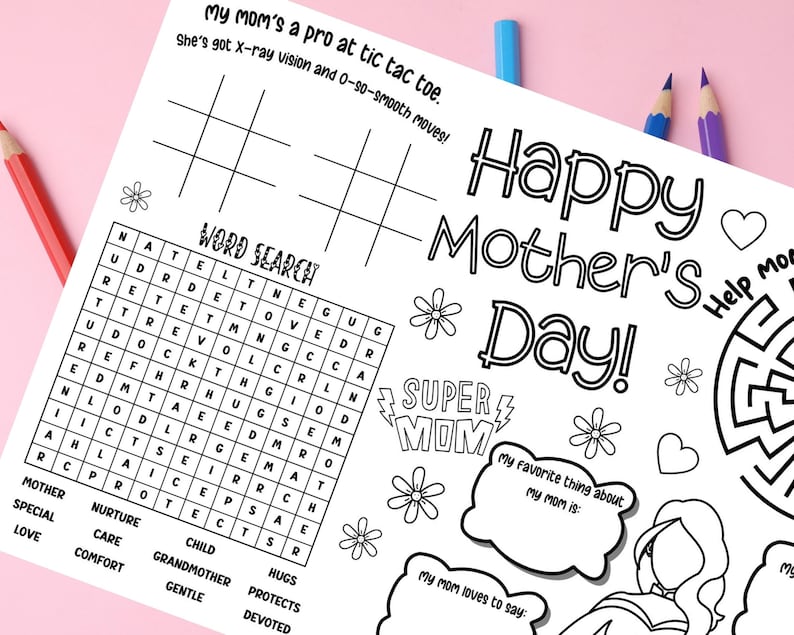 Mothers Day Activity Placemat Printable for Kids, Mothering Sunday ...