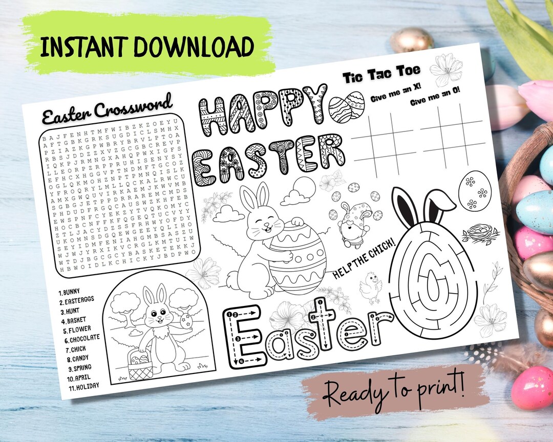 Easter Coloring Placemat for Kids, Easter Coloring Page Craft Activity ...