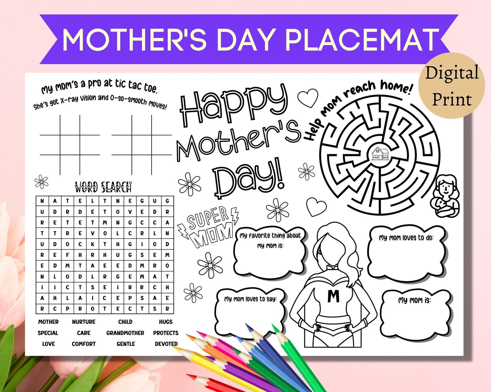 Mothers Day Activity Placemat Printable for Kids, Mothering Sunday ...