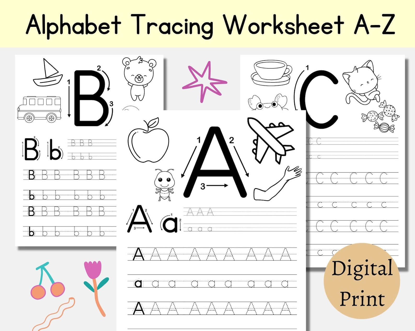 Alphabet Letter Tracing Kids Printable Worksheets, Uppercase Lowercase ...
