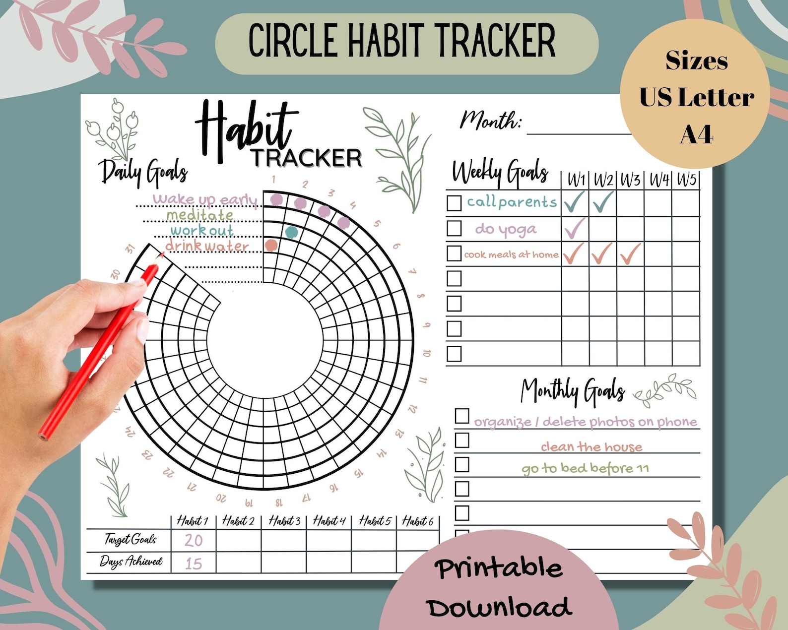 Monthly Habit Tracker Printable, Circle Daily Habit Tracker Printable ...